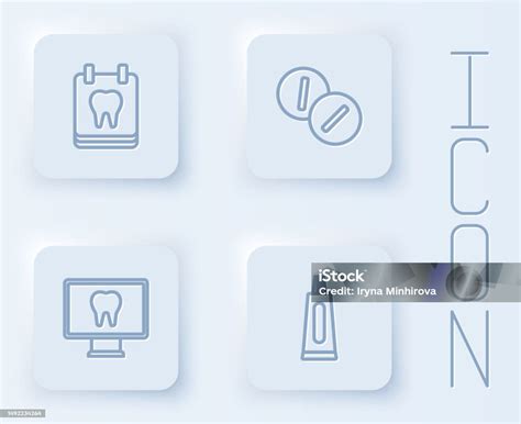 치아 치통 진통제 정제 온라인 치과 치료 및 치약 튜브로 라인 캘린더를 설정하십시오 흰색 사각형 버튼입니다 벡터 건강 진단에