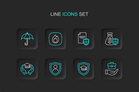 서류 가방 방패가 있는 졸업 모자 생명 보험 교육 보조금 돈 가방 계약 불 불꽃 및 우산 아이콘을 들고 있는 손을 설정합니다 벡터 가방에 대한 스톡 벡터 아트 및 기타