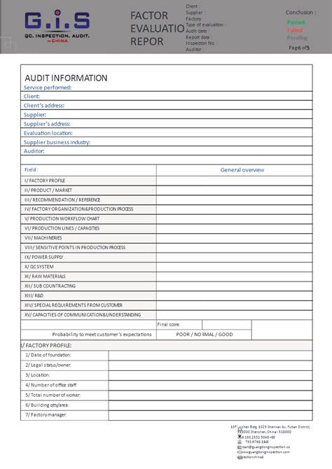 Supplier Factory Evaluation Report Assessing Production Power