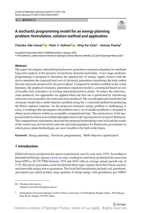 A Stochastic Programming Model For An Energy Planning Problem Formulation Solution Method And