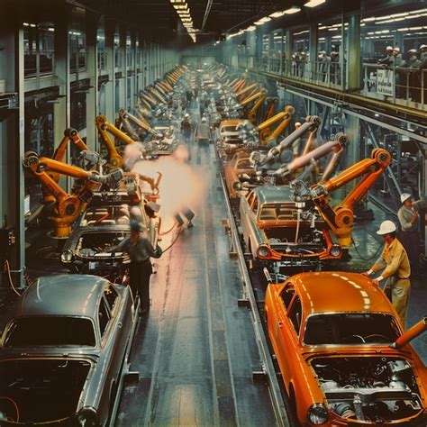 A Car Manufacturing Assembly Line With Robots And Workers Premium Ai Generated Image