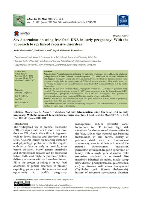 Pdf Corresponding Sex Determination Using Free Fetal Dna In Early Pregnancy With The