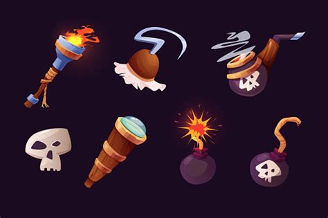 해적들은 만화 스타일로 아이콘을 설정합니다 깃발 폭탄 세이버 스파이글래스 하얀 두개골 손걸이 흡연 파이프 불타는 불과 화염이있는 횃불 플람보 0명에 대한 스톡 벡터 아트 및