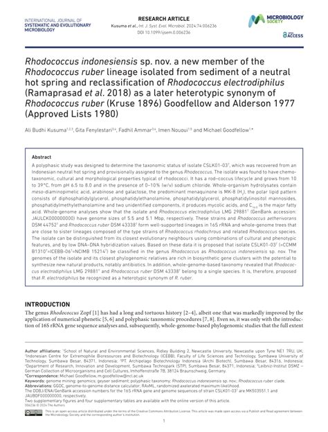 Pdf Rhodococcus Indonesiensis Sp Nov A New Member Of The Rhodococcus Ruber Lineage Isolated