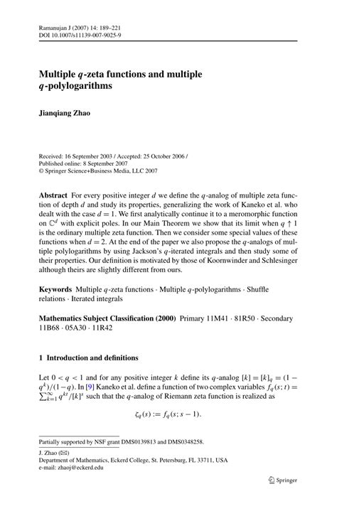 Pdf Q Multiple Zeta Functions And Q Multiple Polylogarithms