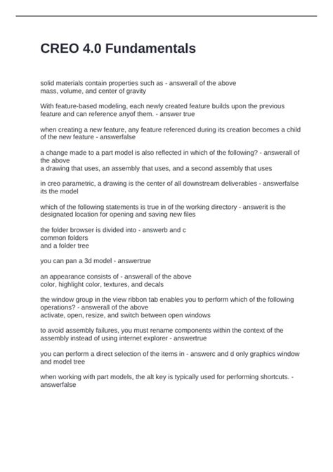 Creo 4 0 Fundamentals Questions With Correct Answers Creo Stuvia Us