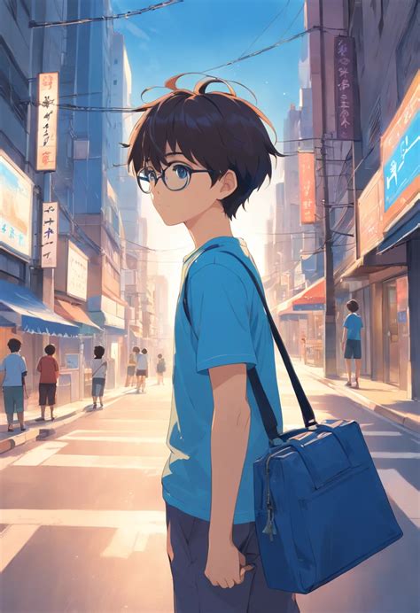 ولد كارتون يرتدي نظارات وحقيبة زرقاء يسير في الشارع Seaart Ai