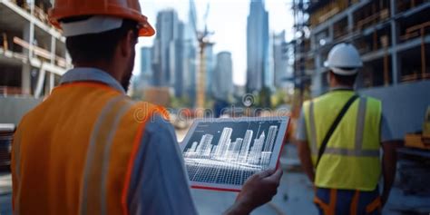 Construction Workers Are Using Advanced Technology For Project Planning And Execution Stock
