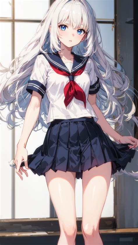 Аниме арт школьница белая рубашках черная юбка красный галстук белые волосы фиолетовые