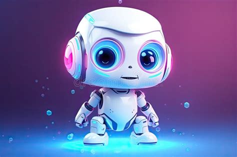 Cute Cartoon Robot In Neon Light 3d Illustration Of A Little Robot Cute White System