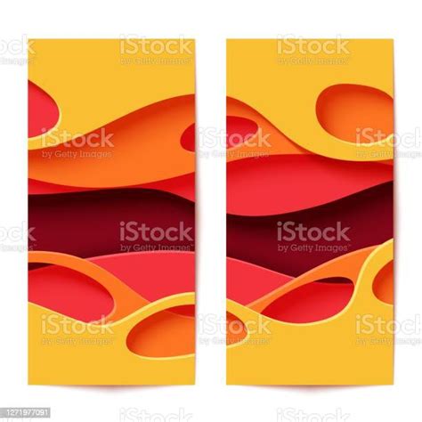 파도와 구멍이있는 종이 절단 전단지 세트 부드러운 물결 모양의 레이어와 노란색 오렌지 핑크와 어두운 빨간색 3d 추상 배경 수직 브로셔 템플릿입니다 종이 컷 스타일의 둥근