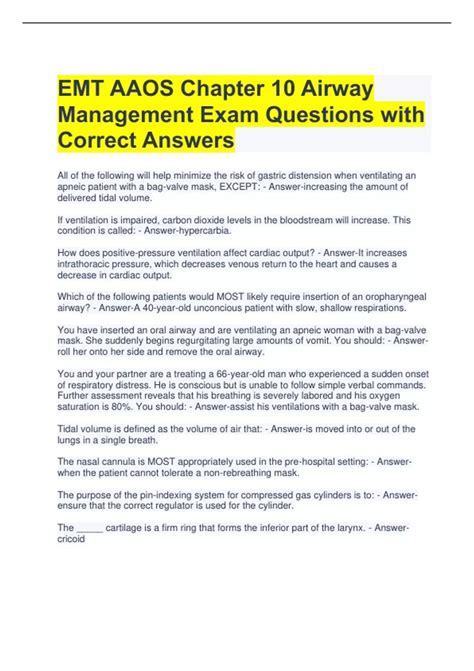 EMT AAOS Chapter Airway Management Exam Questions With Correct Answers EMT AAOS Stuvia US