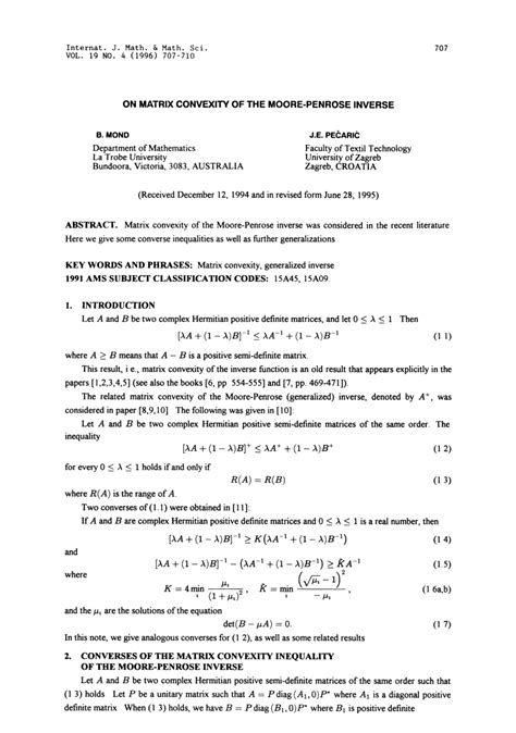 Pdf On Matrix Convexity Of The Moore Penrose Inverse