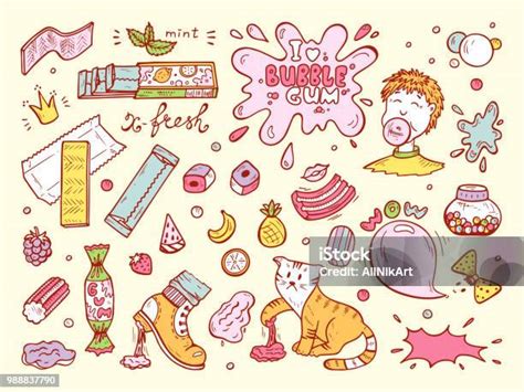 과자입니다 버블 껌 세트입니다 손으로 그린된 낙서 껌과 사탕 벡터 일러스트 레이 션 풍선껌에 대한 스톡 벡터 아트 및 기타