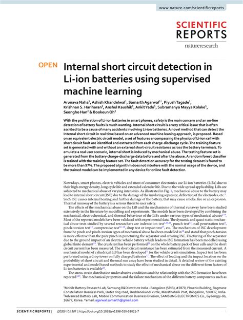 Pdf Internal Short Circuit Detection In Li Ion Batteries Using Supervised Machine Learning