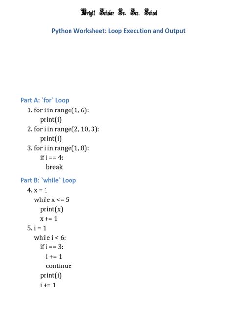 Python Loop Worksheet Class8 Pdf