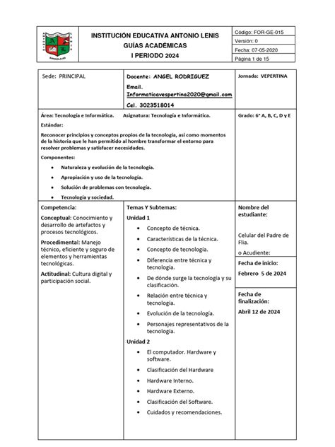 Guia De Tecnologia E Inf Jornada Vespertina Grados 6° A B C D Y E I