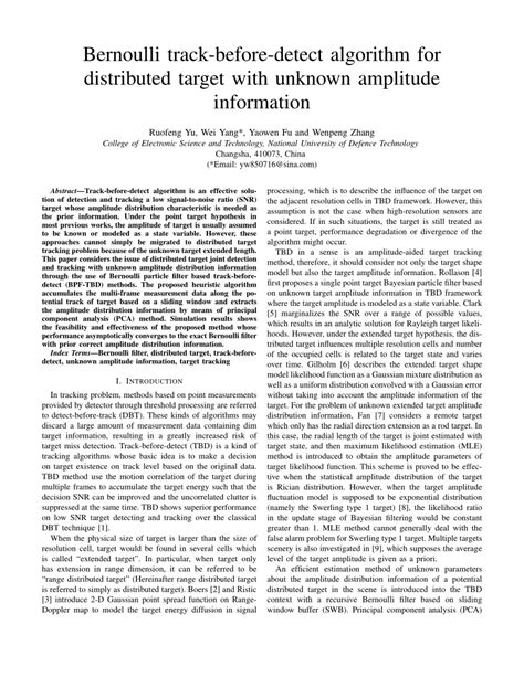 Pdf Bernoulli Track Before Detect Algorithm For Distributed Target With Unknown Amplitude