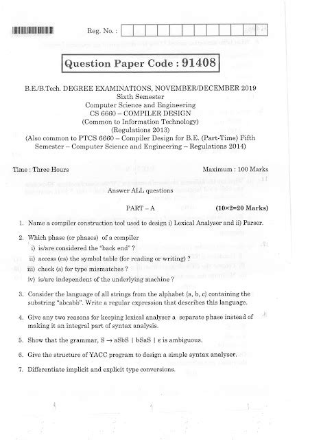 Anna University Cs 6660 Compiler Design For Computer Science And Engineering November December