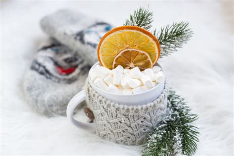 마시멜로 오렌지와 계피 스틱 한 조각 스타 아니스를 곁들인 뜨거운 음료 전나무의 축제 가지 새해 0명에 대한 스톡 사진 및 기타 이미지 Istock