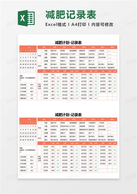 简约减肥计划 记录表模版excel模板下载 熊猫办公