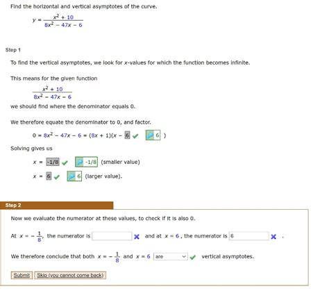 Find The Horizontal And Vertical Asymptotes Of The Curve 10 8x2 47x Step To Find The Vertical
