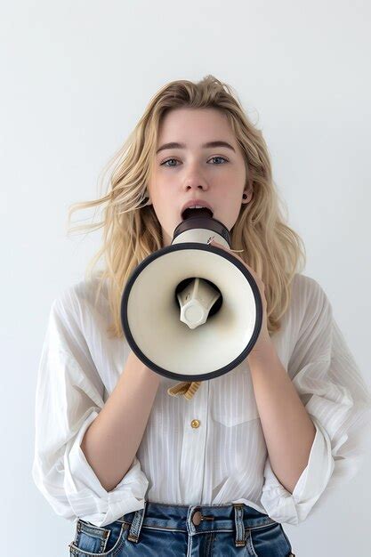 Young Woman Shouting Into A Megaphone Premium Ai Generated Image