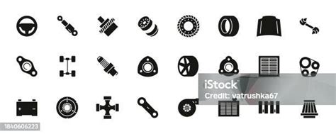 검은색 자동차 세부 정보 아이콘입니다 자동차 부품 및 구성 요소 자동차 엔진 및 변속기를 간략하게 설명합니다 벡터 자동 예비