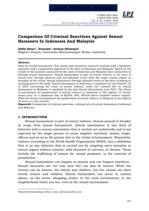 PDF Comparison Of Criminal Sanctions Against Sexual Harassers In Indonesia And Malaysia