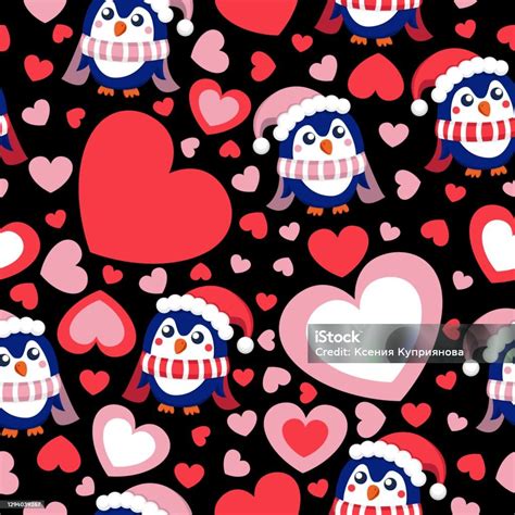세인트 발렌타인 데이 분홍색 빨간색과 흰색 모자와 스카프를 입고 하트와 파란색 아기 펭귄과 매끄러운 패턴 검은 색 배경 엽서 벽지 직물 스크랩북 및 포장지 검은색에 대한