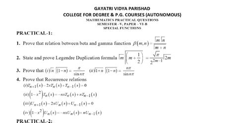 MATHEMATICAL SPECIAL FUNCTIONS PRACTICALS