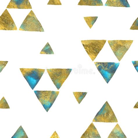 Turquoise Blue And Gold Dust Triangles On White Watercolor Seamless