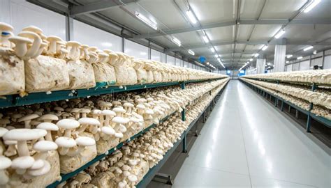 Large Indoor Mushroom Farm With Multiple Rows Of Fresh Cultivated