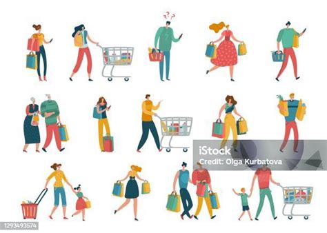 쇼핑 만화 사람들 쇼핑몰 슈퍼마켓 식료품점에서 쇼핑백을 들고 있는 남자 여성 및 가족 커플과 부모가 상점 플랫 벡터 고립 된