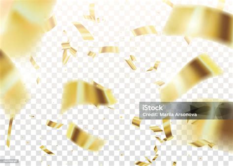 황금 색종이 반짝이 투명 한 체크 무늬 배경에 고립 된 떨어지는 빛나는 색종이 반짝이의 벡터 축제 그림입니다 디자인 휴가 장식 요소 벡터 Carnival에 대한 스톡 벡터