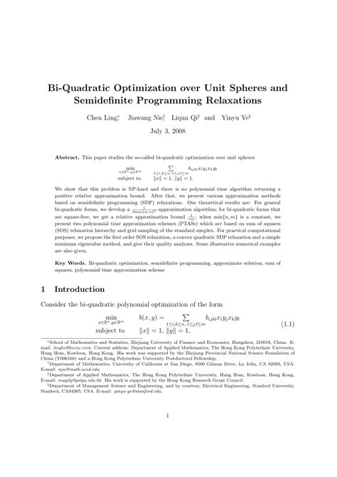 Pdf Bi Quadratic Optimization Over Unit Spheres And Semidefinite