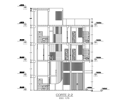 Left Side Section View Of 16x13m Apartment Building Is Given In This Auto Cad Drawing File