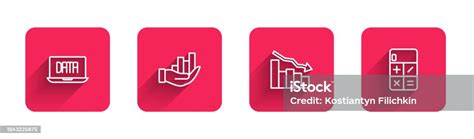 라인 데이터 분석 파이 차트 인포그래픽 재무 성장 감소 및 긴 그림자가 있는 계산기를 설정합니다 빨간색 사각형 버튼입니다 벡터 0명에 대한 스톡 벡터 아트 및 기타 이미지