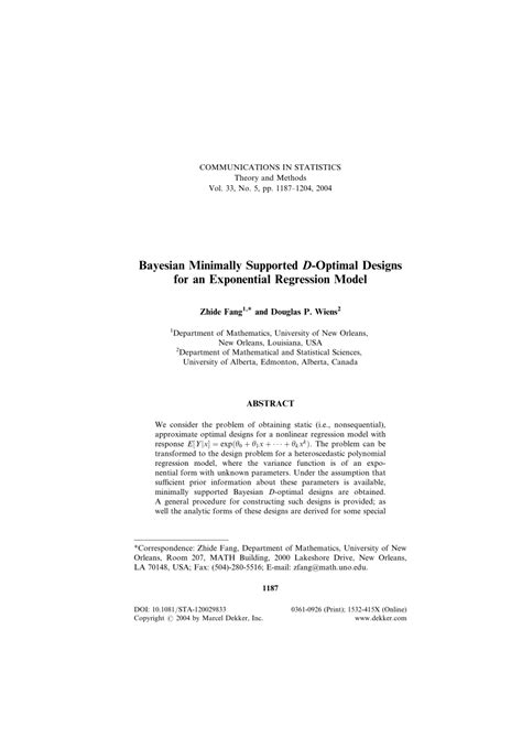 Pdf Bayesian Minimally Supported D Optimal Designs For An Exponential Regression Model