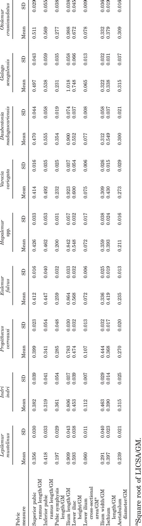 Summary Statistics For Standardized Pelvic Measures Mean And Standard