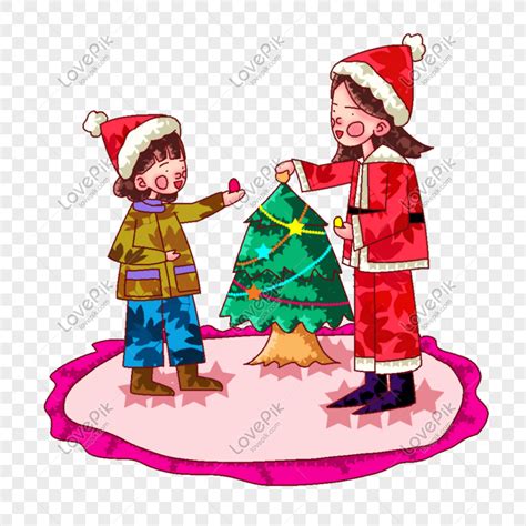 손으로 그린 크리스마스 어머니와 딸 장식 크리스마스 트리 Png 일러스트 무료 다운로드 Lovepik