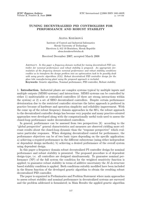PDF Tuning Decentralized PID Controllers For Performance And Robust Stability