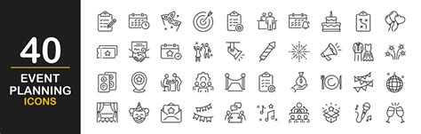 이벤트 계획 아이콘 세트입니다 선형 스타일 컬렉션의 아이콘입니다 장식 장소 이벤트 플래너 등록 엔터테인먼트 케이터링 초대장 조정 등이 포함됩니다 벡터 일러스트 레이 션