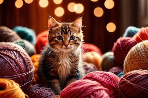 Kitty Standing In Huge Pile Of Yarn String Stock Illustration