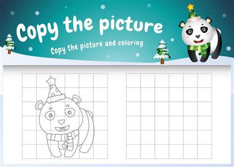 크리스마스 의상을 사용하여 귀여운 팬더로 그림 어린이 게임 및 색칠 공부 페이지를 복사하십시오 프리미엄 벡터