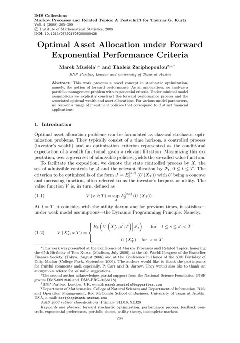 Pdf Optimal Asset Allocation Under Forward Exponential Performance Criteria