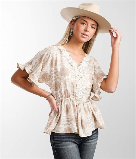Daytrip Medallion Print Peplum Top Womens Shirtsblouses In Ivory Tan Buckle