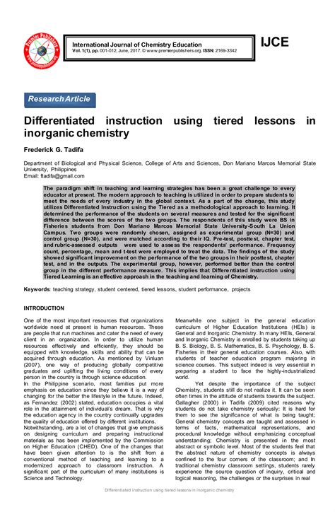 Differentiated Instruction Using Tiered Lessons In Inorganic Chemistry