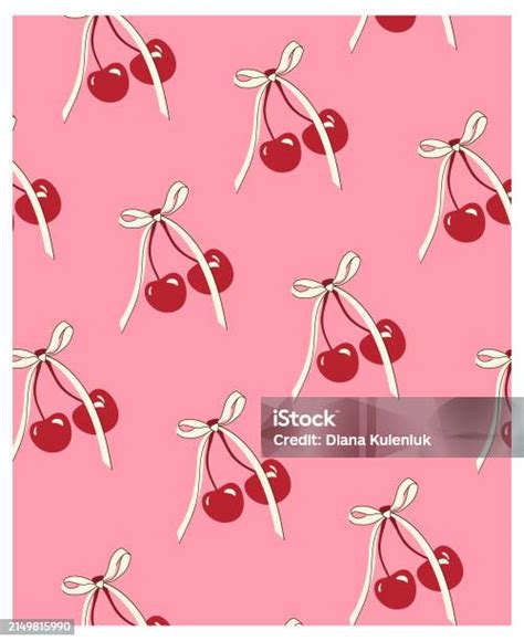 체리와 활 여름의 원활한 패턴입니다 심리스 프루티와 귀여운 패턴 분홍색 배경에 리본이 있는 체리 현대 포스터 섬유 체리와 활이 있는 벡터 패턴 에서 복고풍 스타일 체리에
