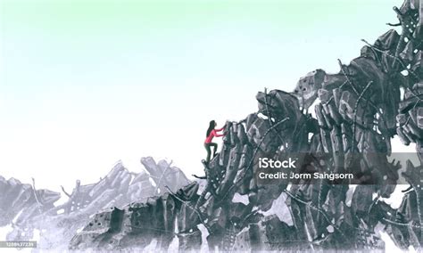 초현실적 인 예술 희망 꿈 믿음 야망 전쟁과 성공 개념 작품 깨진 건물에 등반 여자 그림 일러스트 상상력 여자에 대한 스톡 벡터 아트 및 기타 이미지 Istock